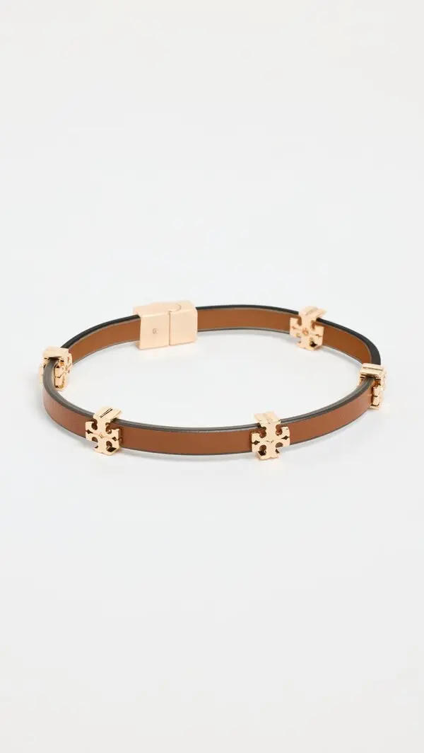 Tory Burch Leather Logo Emblem Bracelet - Tory Gold/classic Chestnut