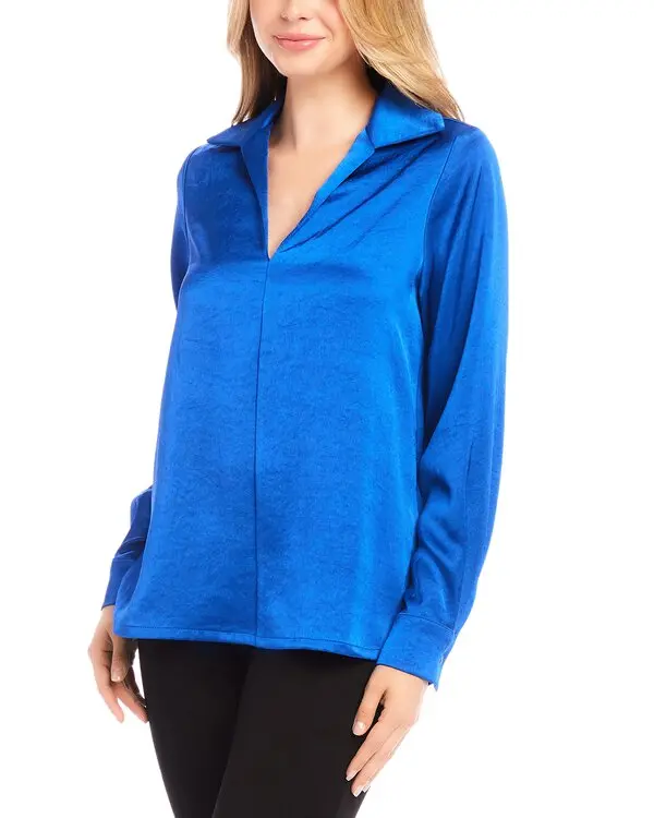 Karen Kane Collared Long Sleeve Satin Blouse