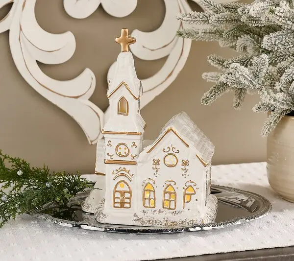 VALERIE PARR HILL As Is Illuminated Ceramic Church W/metallic Detail-valerie - One-color