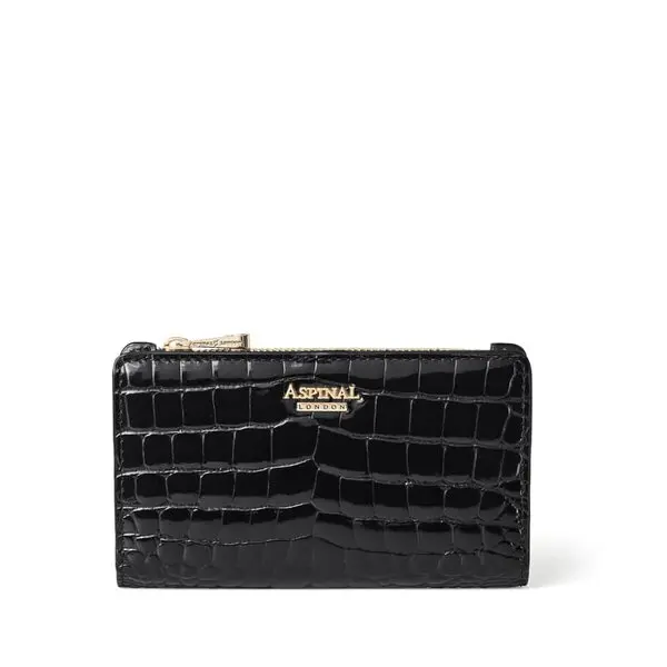 ASPINAL OF LONDON Mayfair Coin & Card Leather Wallet In Patent Croc - Black