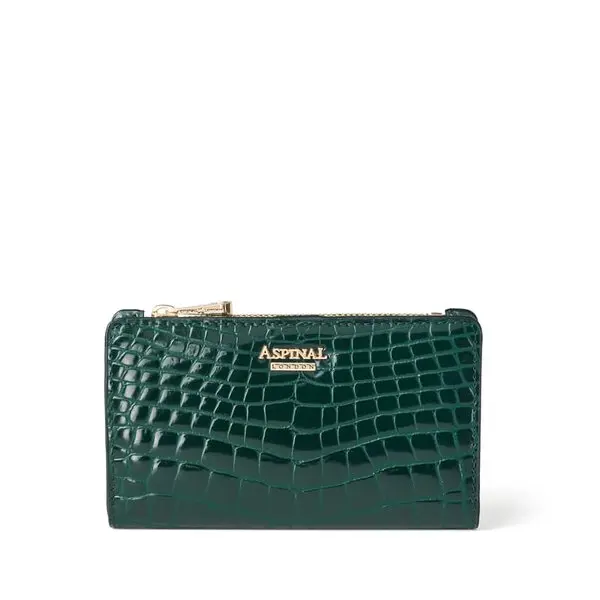 ASPINAL OF LONDON Mayfair Coin & Card Leather Wallet In Patent Croc - Green