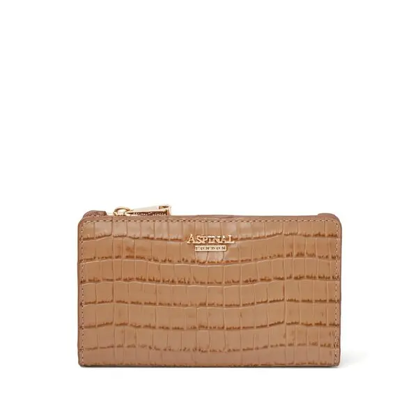 ASPINAL OF LONDON Mayfair Coin & Card Leather Wallet In Soft Taupe Patent Croc - Tan