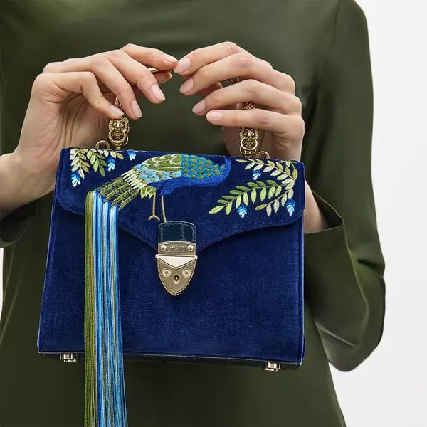 ASPINAL OF LONDON Midi Mayfair Top Handle Bag In English Rose Garden Hand Embroidery On Canvas Raffia - Blue
