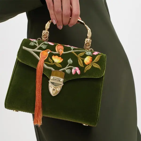 ASPINAL OF LONDON Midi Mayfair Top Handle Bag In English Rose Garden Hand Embroidery On Canvas Raffia - Green