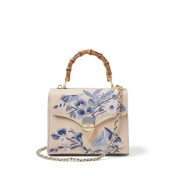ASPINAL OF LONDON Midi Mayfair Top Handle Bag In English Rose Garden Hand Embroidery On Canvas Raffia - Neutral/blue