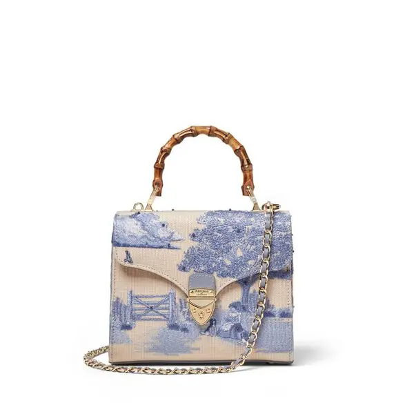 ASPINAL OF LONDON Midi Mayfair Hand-embroidered Toile De Jouy Bag With Semi-precious Stones - Neutral/blue