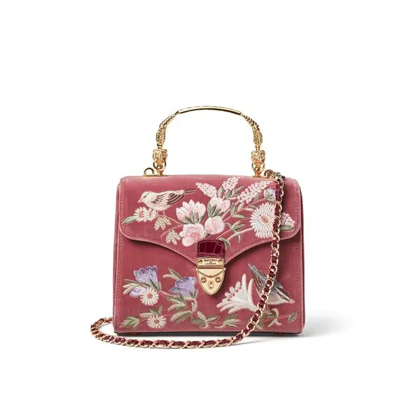 ASPINAL OF LONDON Midi Mayfair Top Handle Bag In English Rose Garden Hand Embroidery On Canvas Raffia - Pink