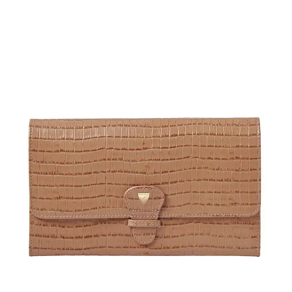 ASPINAL OF LONDON Travel Wallet In Deep Shine Powder Lilac Croc - Tan