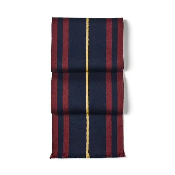 ASPINAL OF LONDON Striped Merino Wool Scarf In Navy & Burgundy With Yellow Stripe - Blue/red