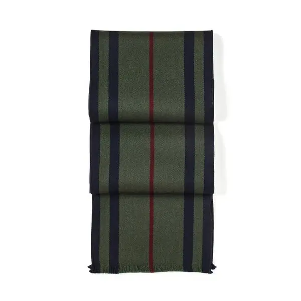 ASPINAL OF LONDON Striped Merino Wool Scarf In Navy & Burgundy With Yellow Stripe - Green/red/navy