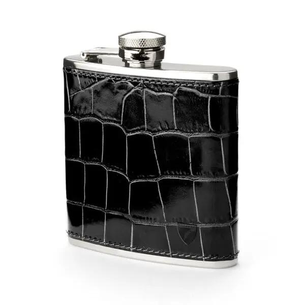 ASPINAL OF LONDON Classic 5oz Leather Hip Flask In Pebble - Black