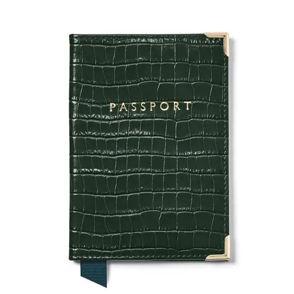 ASPINAL OF LONDON Passport Cover In Deep Shine Fig Small Croc - Green