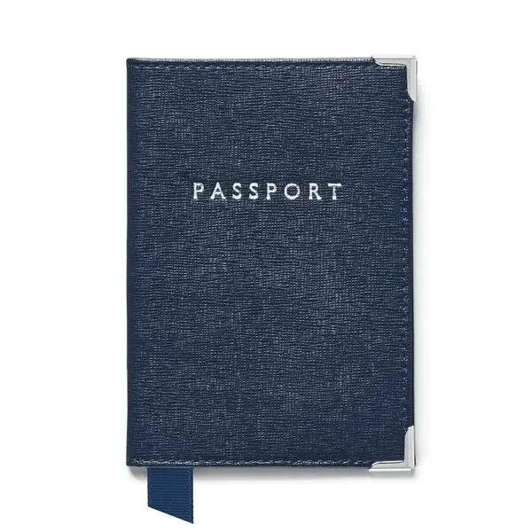 ASPINAL OF LONDON Passport Cover In Fig Pebble - Navy