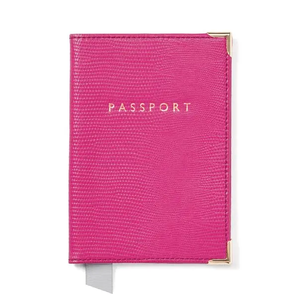 ASPINAL OF LONDON Passport Cover In Deep Shine Caramel Small Croc - Pink