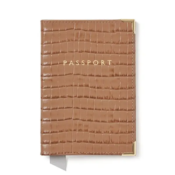 ASPINAL OF LONDON Passport Cover In Smooth Cognac With Espresso Suede - Tan