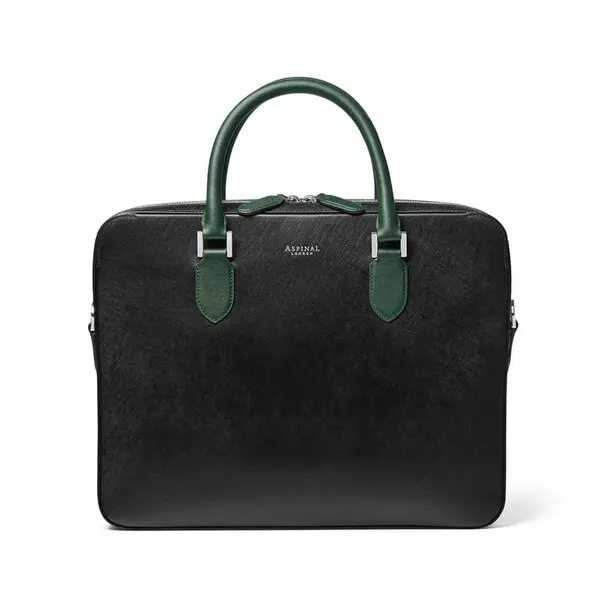 ASPINAL OF LONDON Slim Leather Briefcase Bag In Pebble - Black