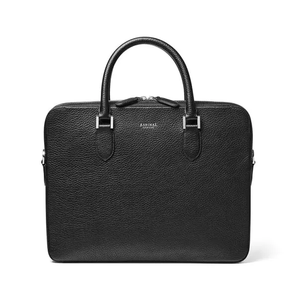 ASPINAL OF LONDON Slim Leather Briefcase Bag In Pebble - Black