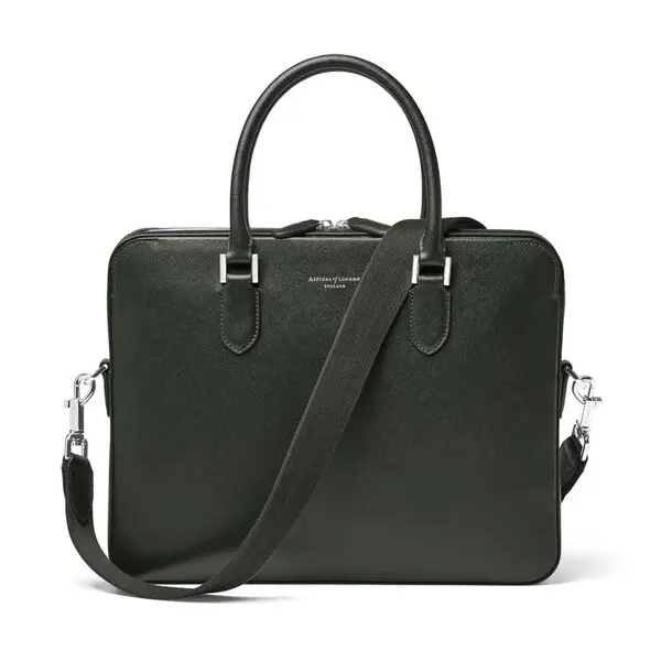 ASPINAL OF LONDON Slim Leather Briefcase Bag In Pebble - Green