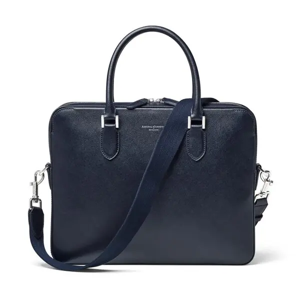 ASPINAL OF LONDON Slim Leather Briefcase Bag In Pebble - Navy