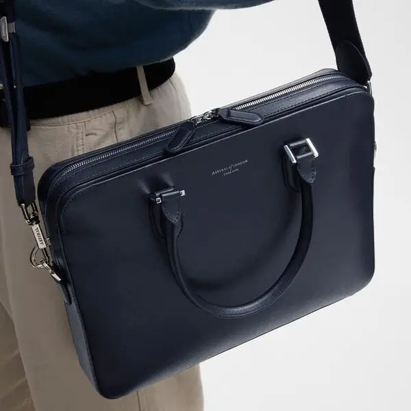 ASPINAL OF LONDON Slim Leather Briefcase Bag In Pebble - Navy