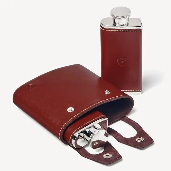 ASPINAL OF LONDON Double 6oz Leather Hip Flask In Deep Shine Amazon Croc & Stone Suede - Brown