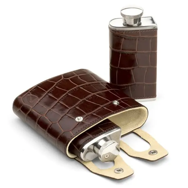 ASPINAL OF LONDON Double 6oz Leather Hip Flask In Smooth Cognac & Espresso Suede - Brown