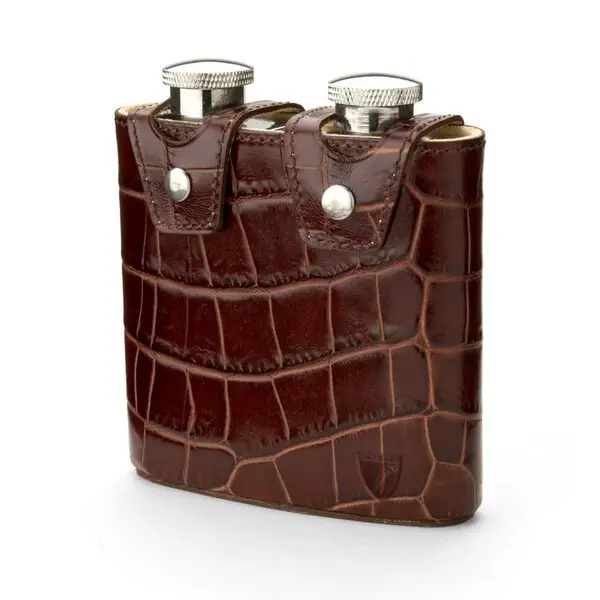ASPINAL OF LONDON Double 6oz Leather Hip Flask In Deep Shine Amazon Croc & Stone Suede