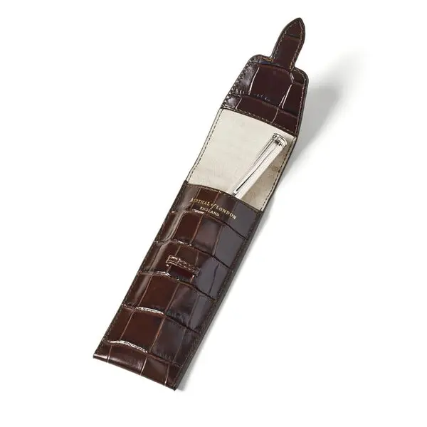 ASPINAL OF LONDON Pen Case In Navy Pebble - Brown