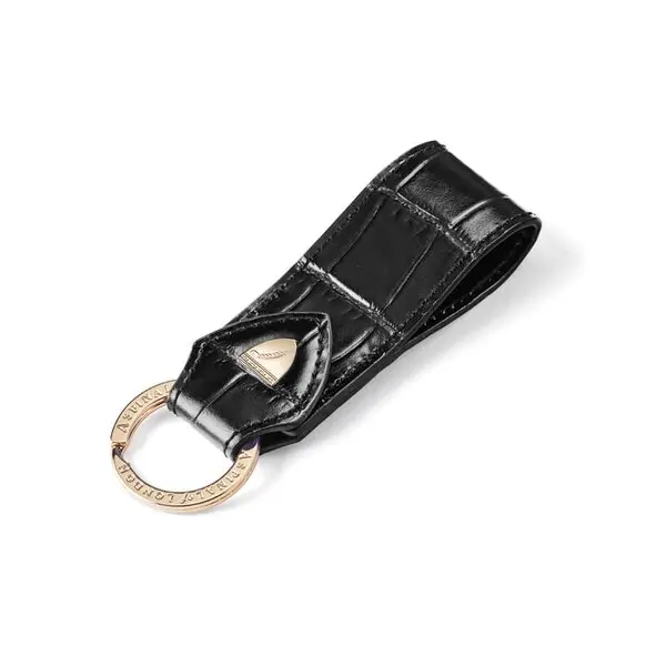 ASPINAL OF LONDON Leather Loop Keyring In Navy Pebble - Black