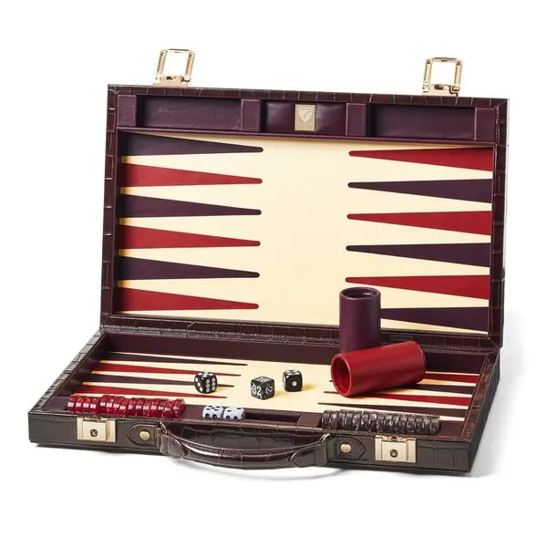 ASPINAL OF LONDON 15-inch Backgammon Set In Deep Shine Amazon Croc - Brown