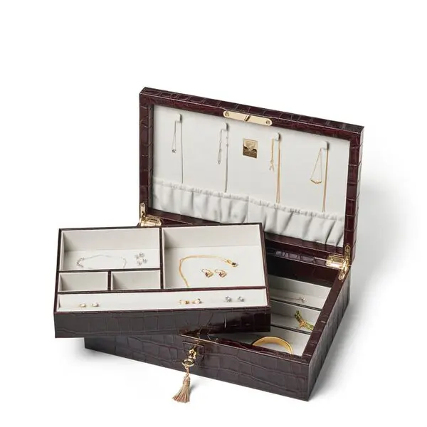 ASPINAL OF LONDON Savoy Jewellery Box In Deep Shine Amazon Croc - Brown