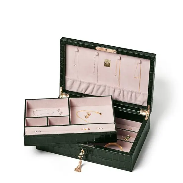 ASPINAL OF LONDON Savoy Jewellery Box In Deep Shine Amazon Croc - Green