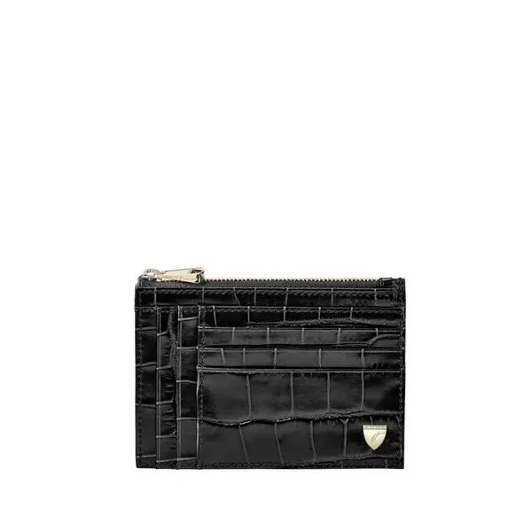 ASPINAL OF LONDON Double Sided Zipped Card & Coin Holder In Deep Shine Croc - Black