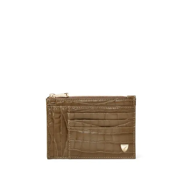 ASPINAL OF LONDON Double Sided Zipped Card & Coin Holder In Deep Shine Dove Small Croc - Brown