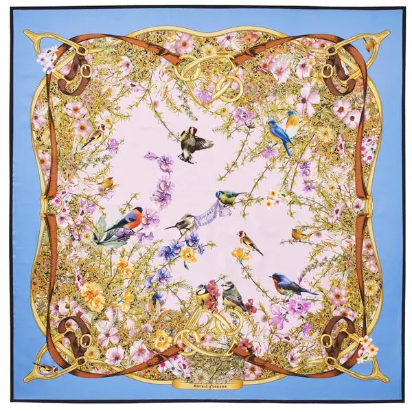ASPINAL OF LONDON Edwardian Garden Silk Scarf In Capri & Lilac Pure Silk - Blue