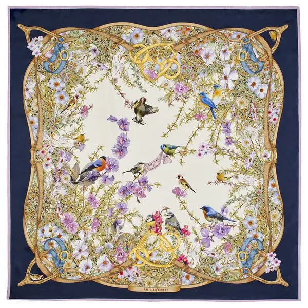 ASPINAL OF LONDON Edwardian Garden Silk Scarf In Capri & Lilac Pure Silk - Navy