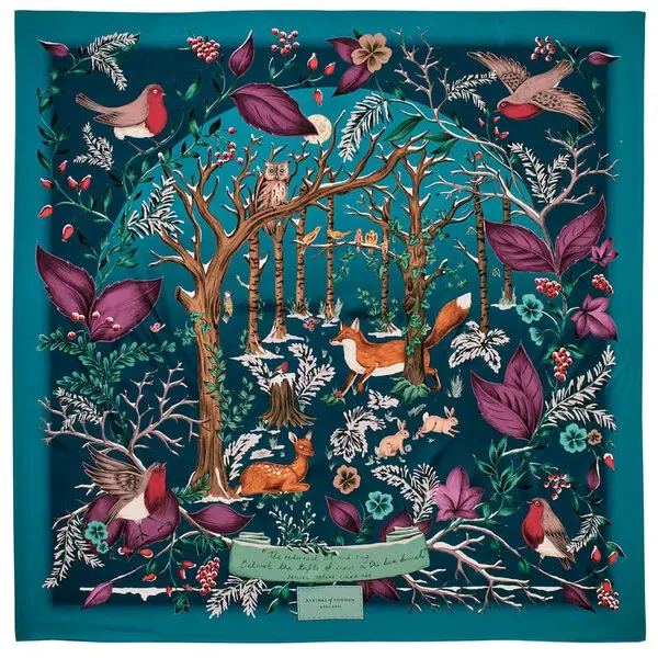 ASPINAL OF LONDON Woodland Silk Scarf In Peacock Pure Silk - Blue