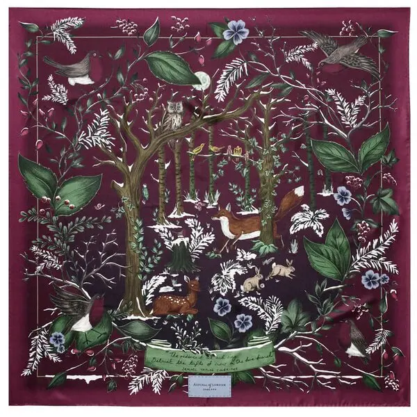 ASPINAL OF LONDON Woodland Silk Scarf In Burgundy Pure Silk - Red