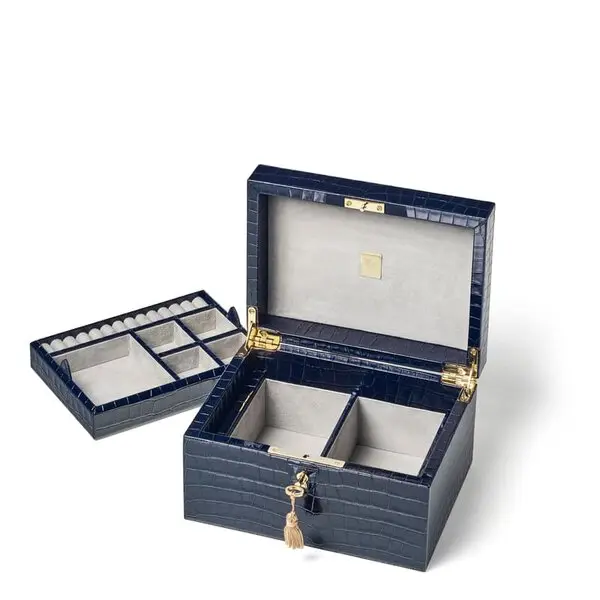 ASPINAL OF LONDON Medium Heirloom Jewellery Box In Navy Small Croc
