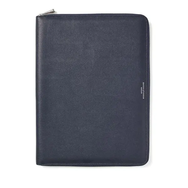 ASPINAL OF LONDON Executive Zipped Padfolio In Tobacco Pebble - Blue