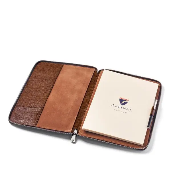 ASPINAL OF LONDON Executive Zipped Padfolio In Tobacco Pebble - Brown