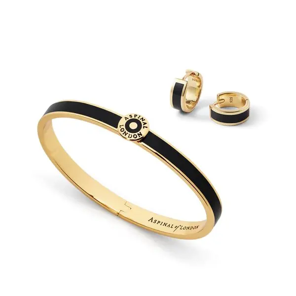 ASPINAL OF LONDON Enamel Huggie Earrings & Bangle Set In 18ct Gold Plated - Black
