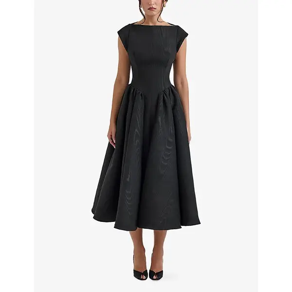 House of CB Debutante Satin Midi Dress - Black Moire