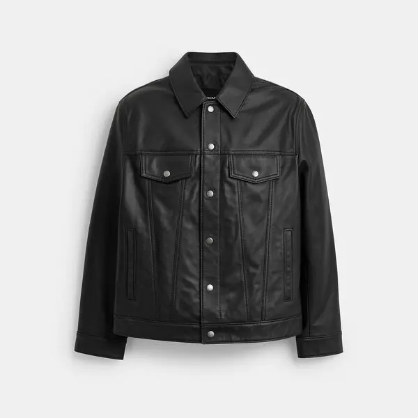 ジャケット・アウター COACH LEATHER Trucker Jacket L CM795 Coach Outlet Leather Trucker Jacket