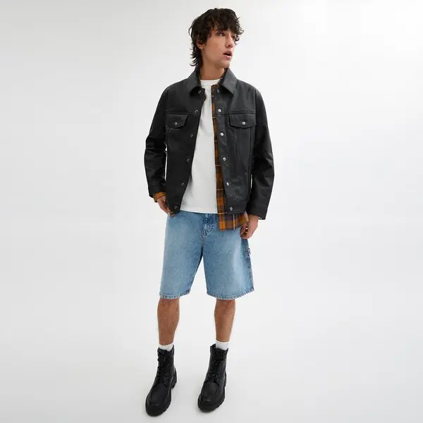 Coach Regenerative Leather Trucker Jacket In Black - 50% Off