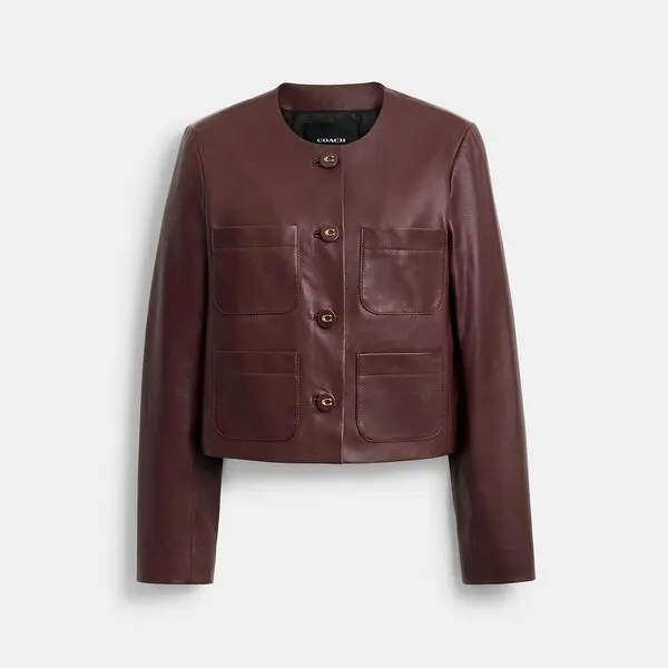 COACH Collarless Leather Jacket - Burgundy