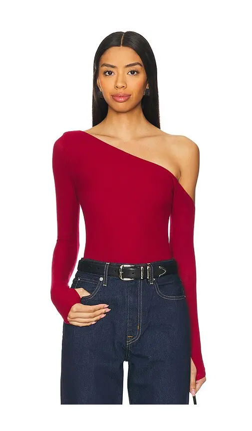 Michael Lauren Magdaleno Asymmetrical Fitted Cold Shoulder Long Sleeve Top - Red
