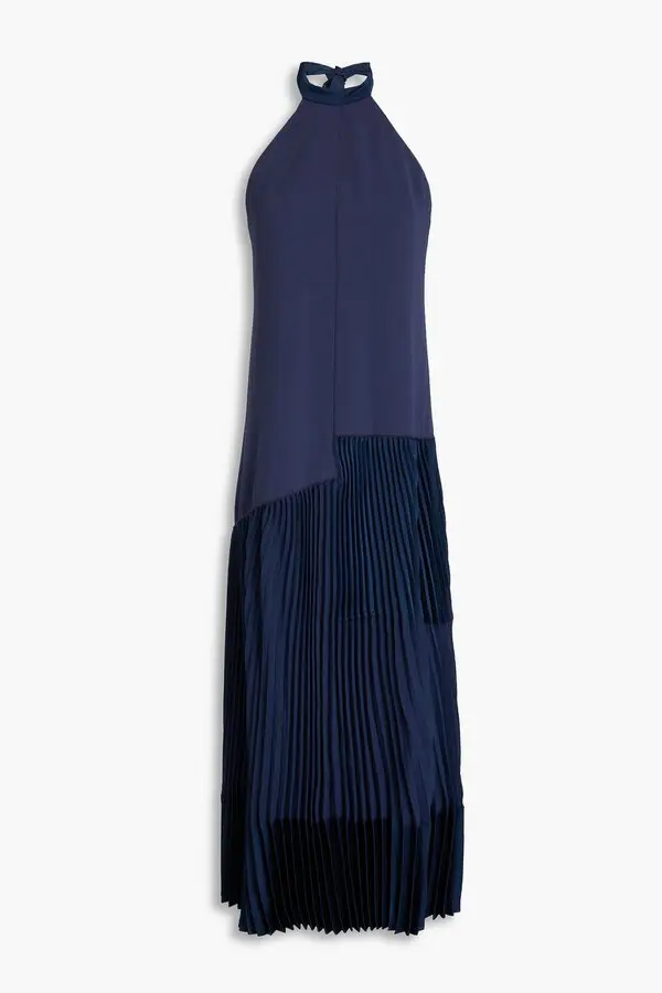 Simkhai Hazel Pleated Satin And Crepe Halterneck Midi Dress - Navy