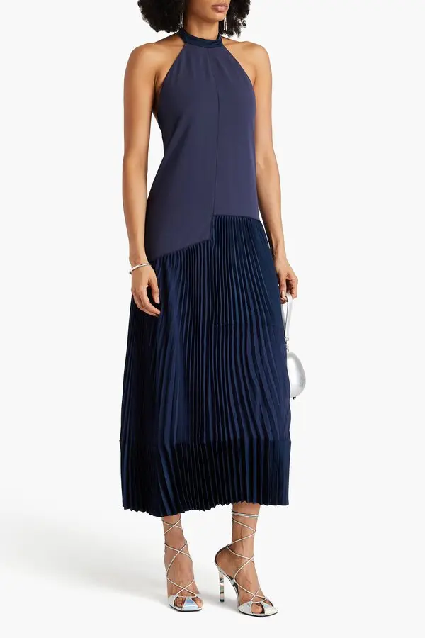 Simkhai Hazel Pleated Satin And Crepe Halterneck Midi Dress