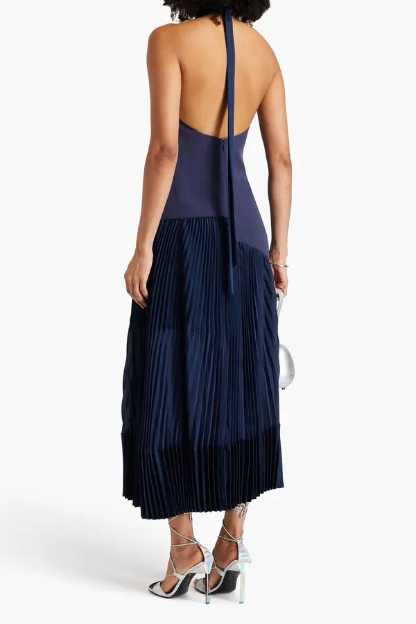 Simkhai Hazel Pleated Satin And Crepe Halterneck Midi Dress
